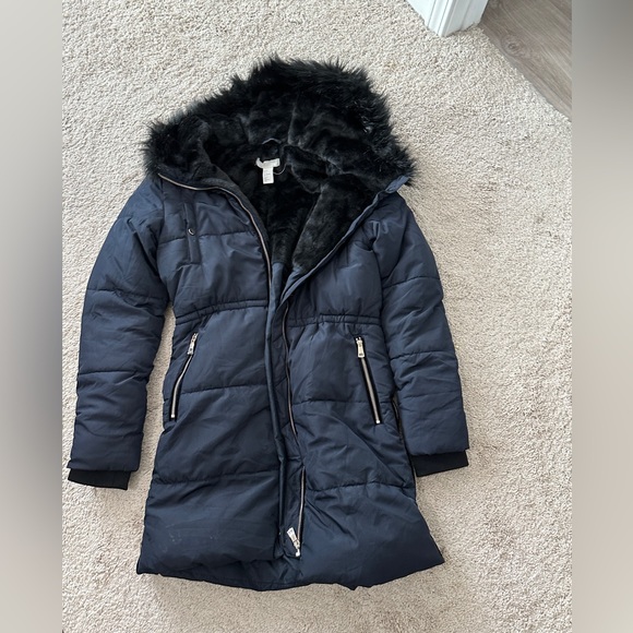 H&M | Jackets & Coats | Hm Navy Blue Black Fur Hood Eskimo Style Puffer ...
